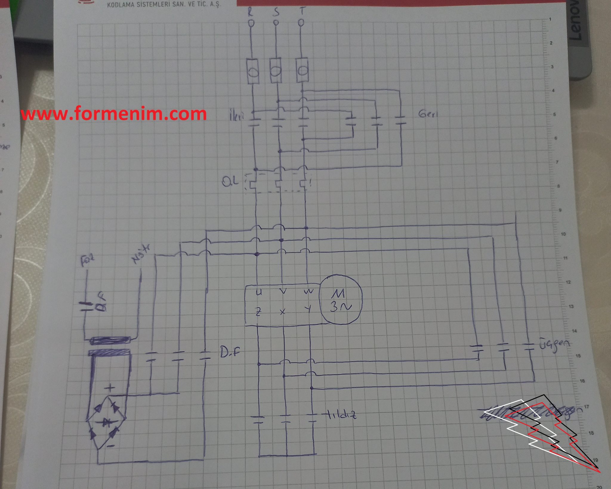 Dinamik frenlemeli ileri geri yıldız üçgen kumanda devresi